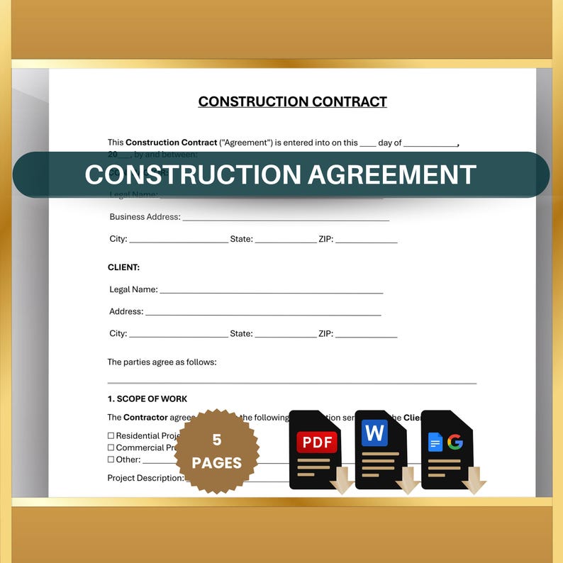 Construction Contract Agreement, Contractor Template. Residential ...