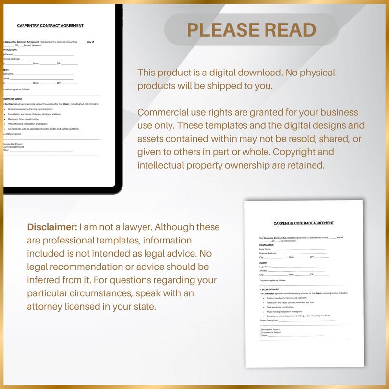 Carpenter Contract Template: Woodworking Carpentry Agreement for ...