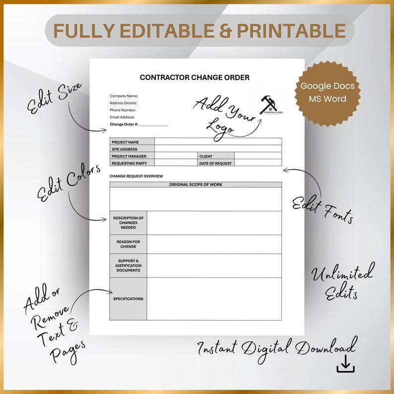 Contractor Change Order Form: Project Management Scope of Work Order ...
