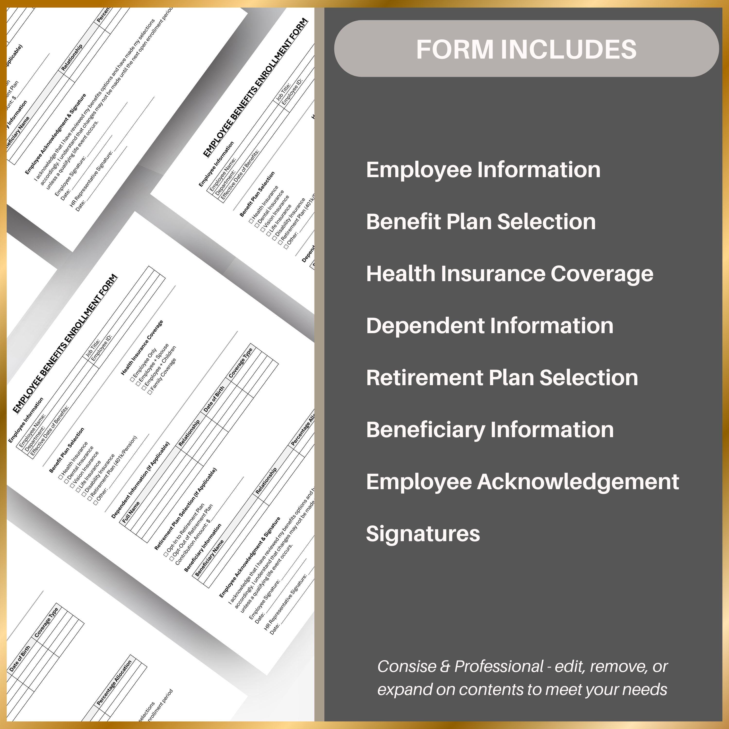 Employee Benefits Enrollment Form Template (word, PDF, Google Docs) - Etsy