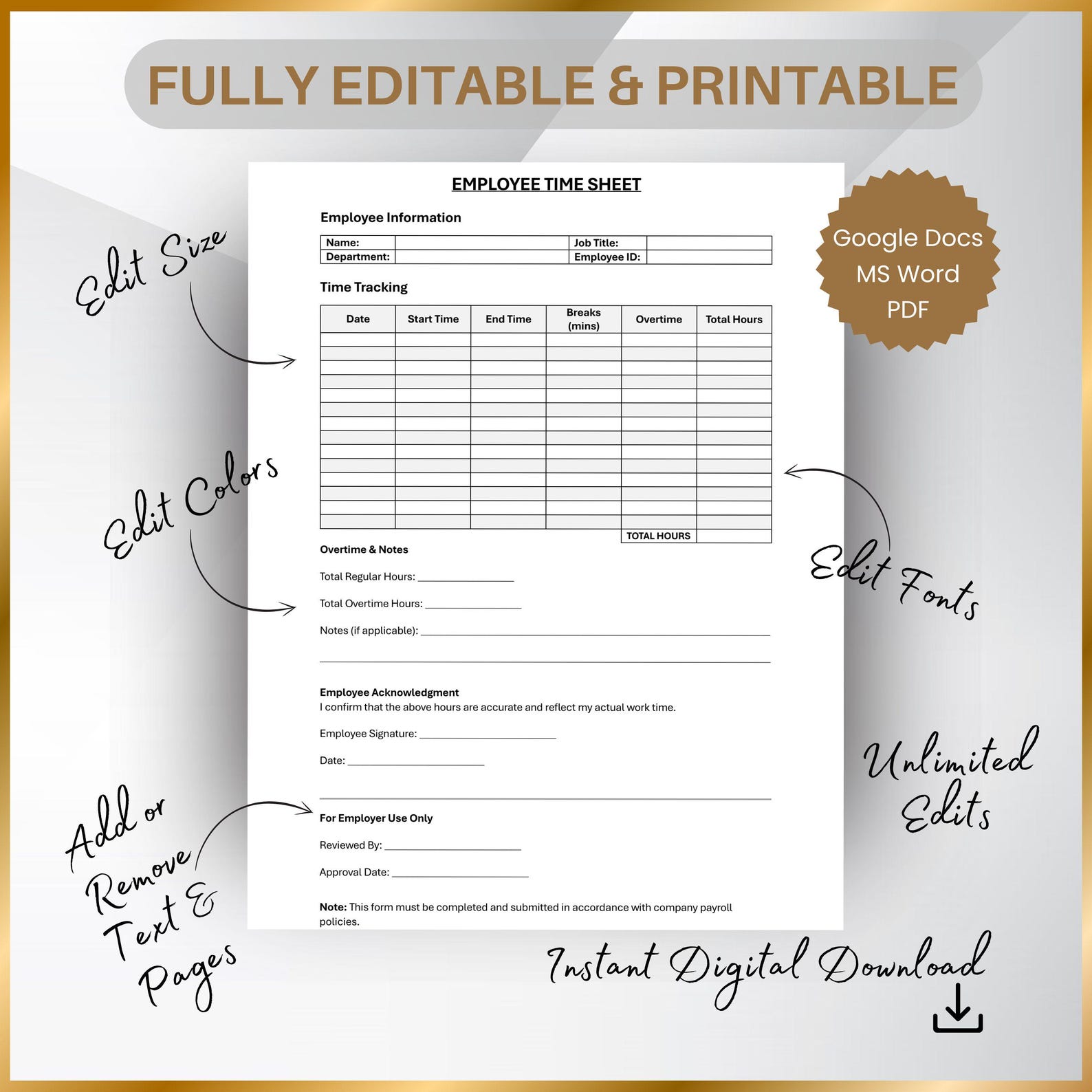 Employee Time Sheet Template: Work Hours Attendance & Absence Log ...