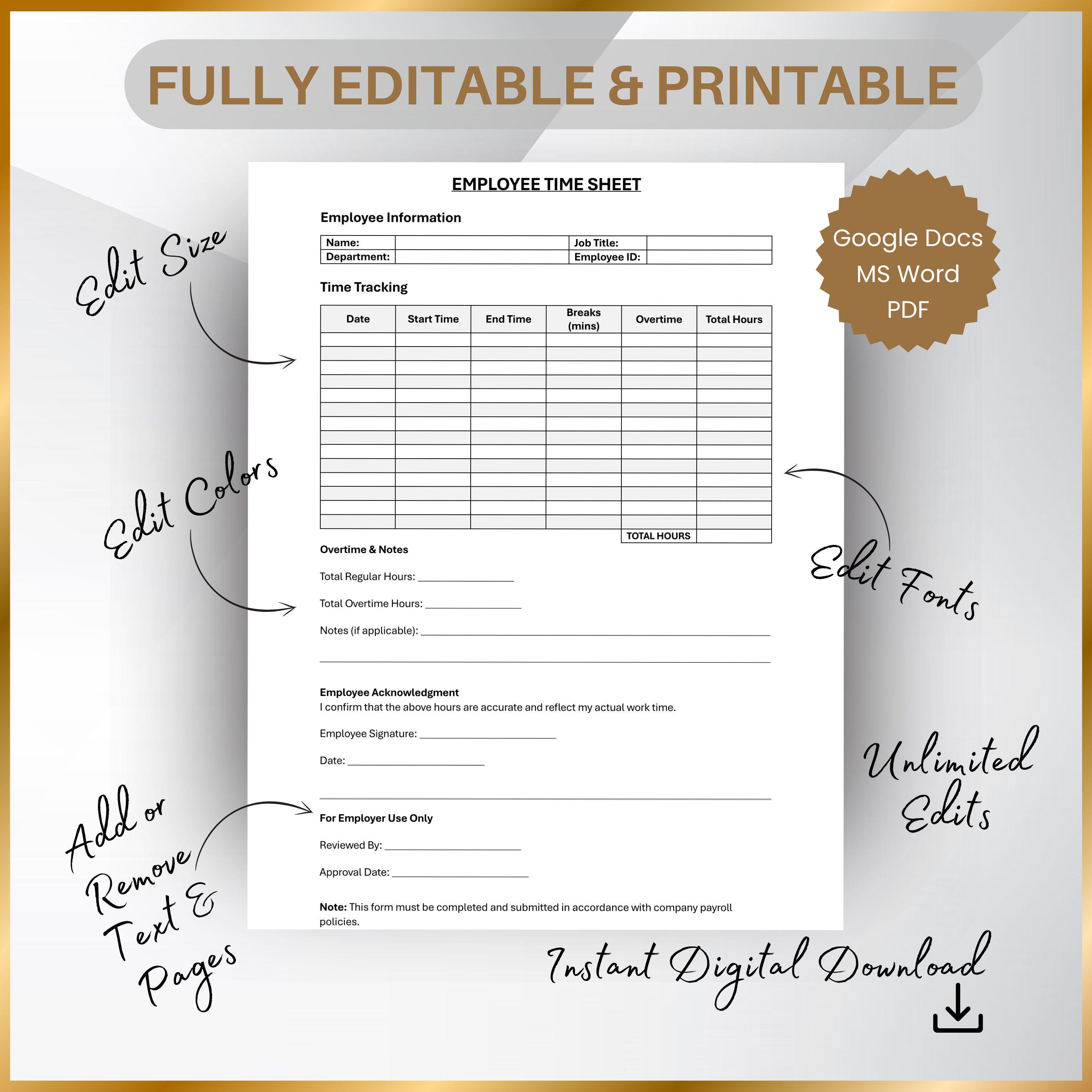 Employee Time Sheet Template: Work Hours Attendance & Absence Log ...