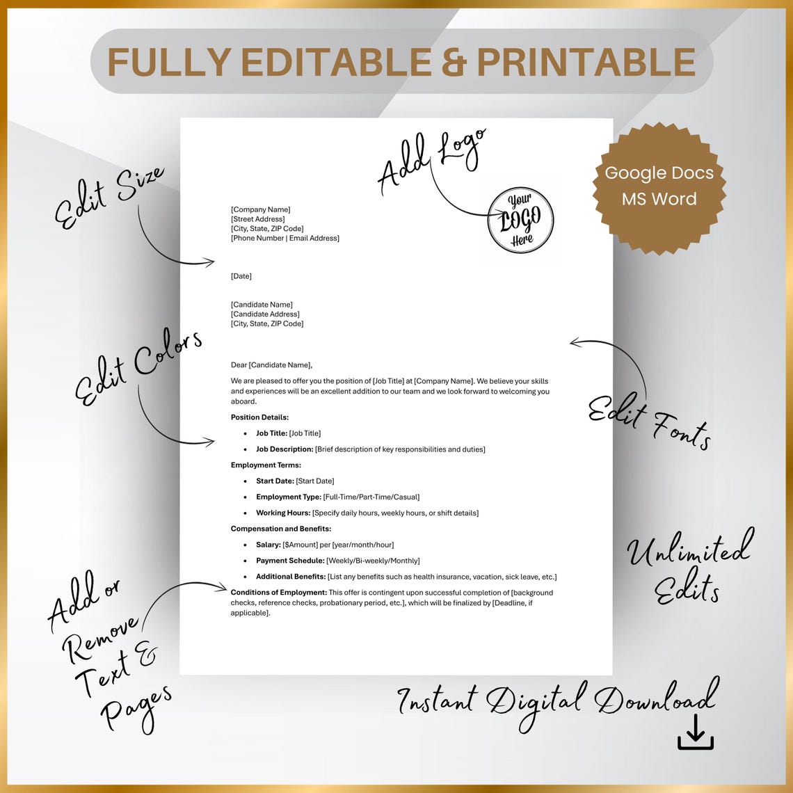 Job Offer Letter Template: Professional Employee Welcome Hire (editable ...