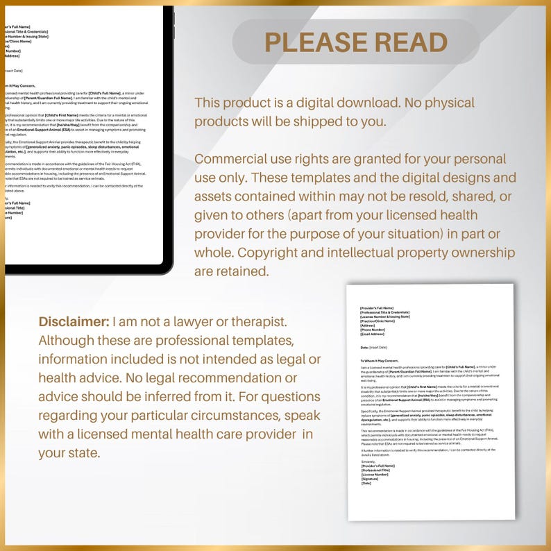 ESA Letter Template for Child | Companion Animal Letter for Minor ...