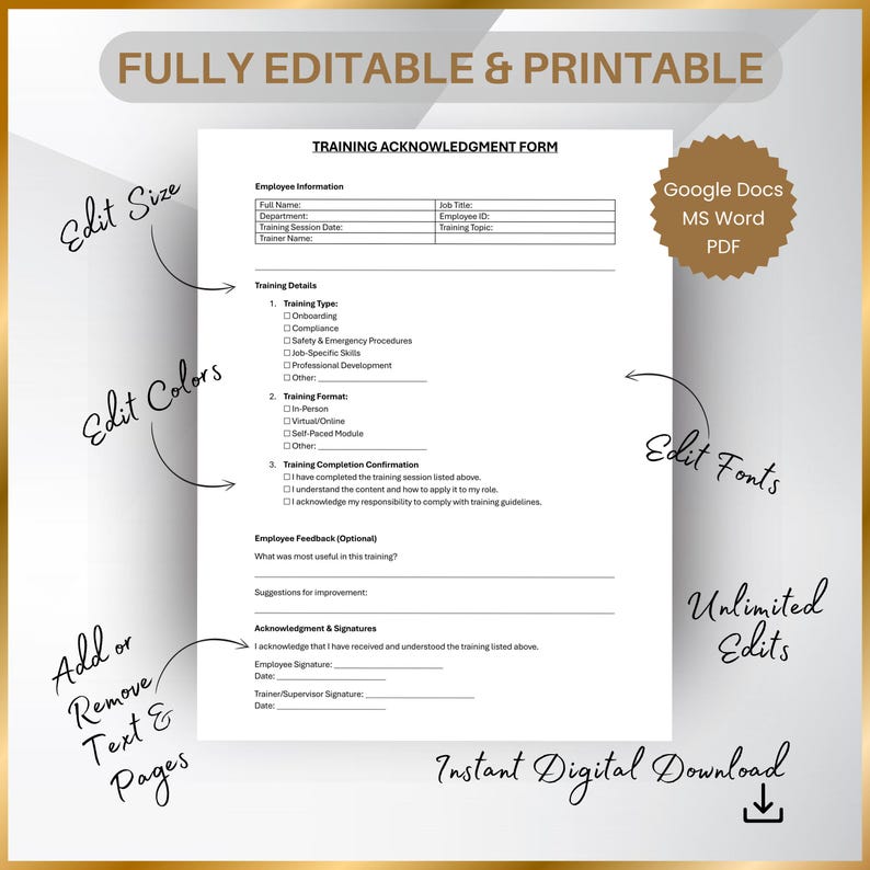 Training Acknowledgment Form, Employee Training Record, Compliance ...