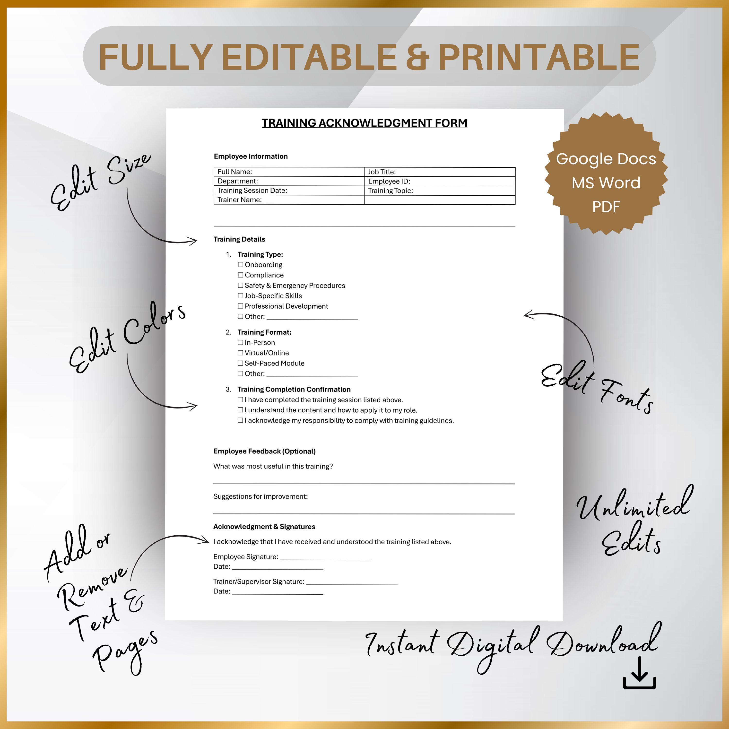 Training Acknowledgment Form, Employee Training Record, Compliance Sheet, Workplace Trainer Log ...