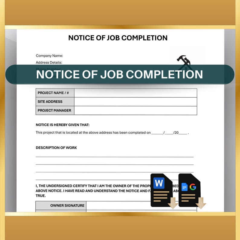Notice of Job Completion, Construction Completion Form, Editable ...