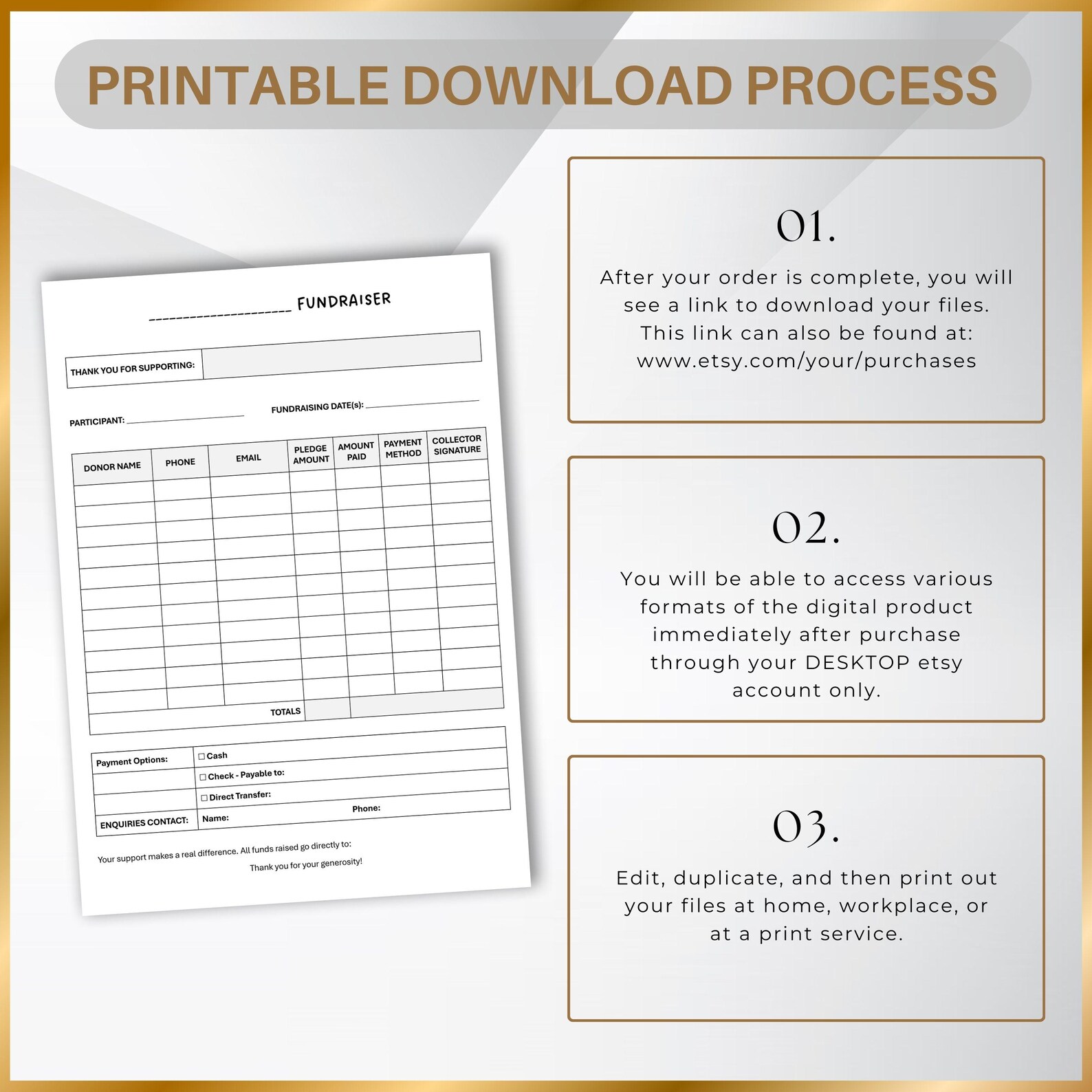 Fundraiser Form Template — Donation Tracker, Pledge Sheet (printable ...