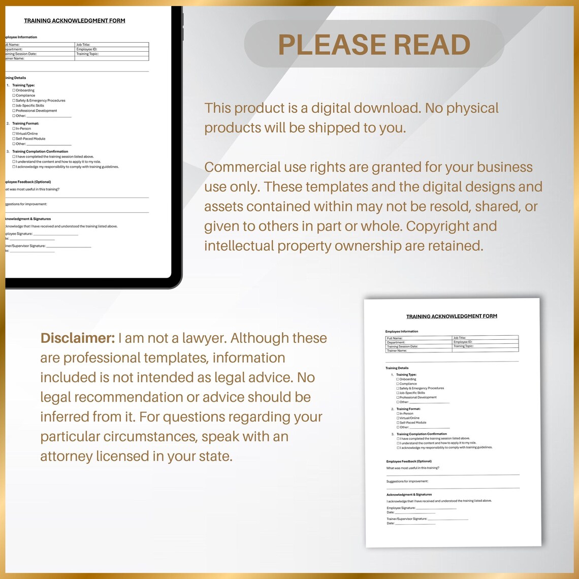 Training Acknowledgment Form, Employee Training Record, Compliance Sheet, Workplace Trainer Log ...