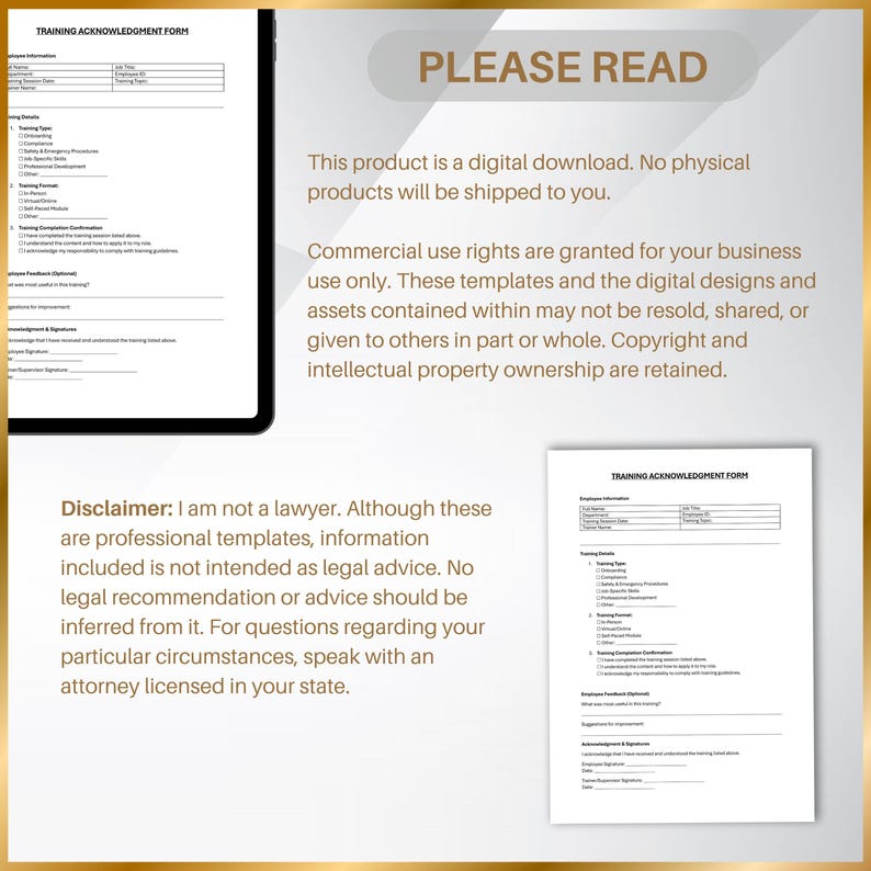 Training Acknowledgment Form, Employee Training Record, Compliance ...