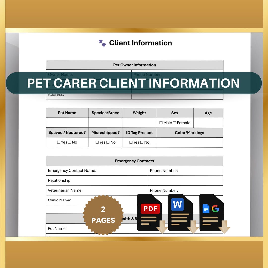 Pet Client Information Sheet | Pet Sitter Intake Form | Pet Owner Info ...