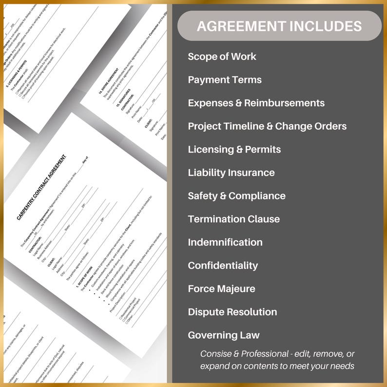 Carpenter Contract Template: Woodworking Carpentry Agreement for ...
