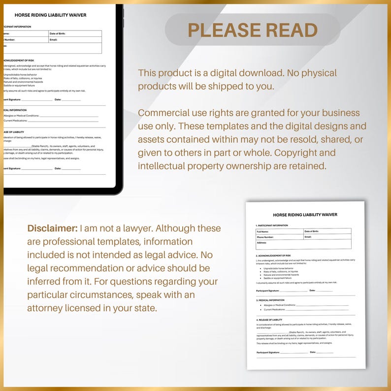 Horse Riding Liability Waiver: Equine Release Consent Form (printable ...