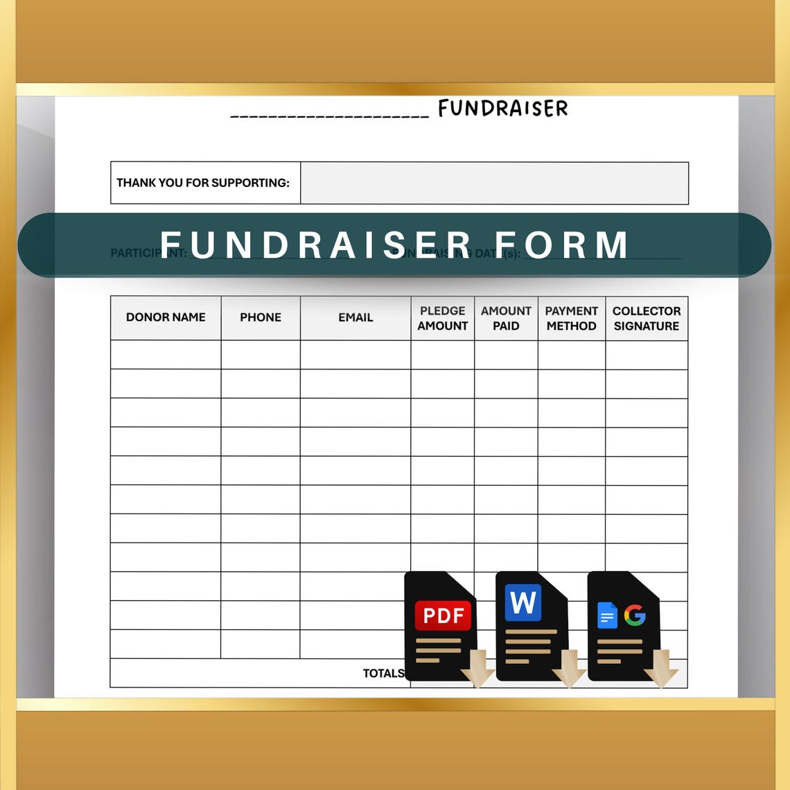 Fundraiser Form Template — Donation Tracker, Pledge Sheet (printable ...