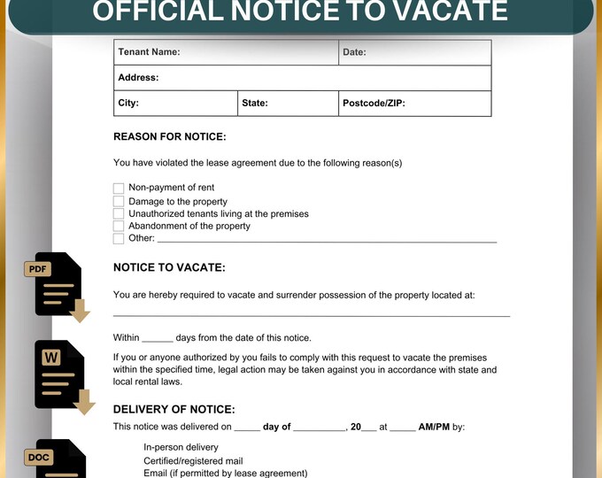 Eviction Notice Editable Notice to Vacate Tenant Template Printable ...