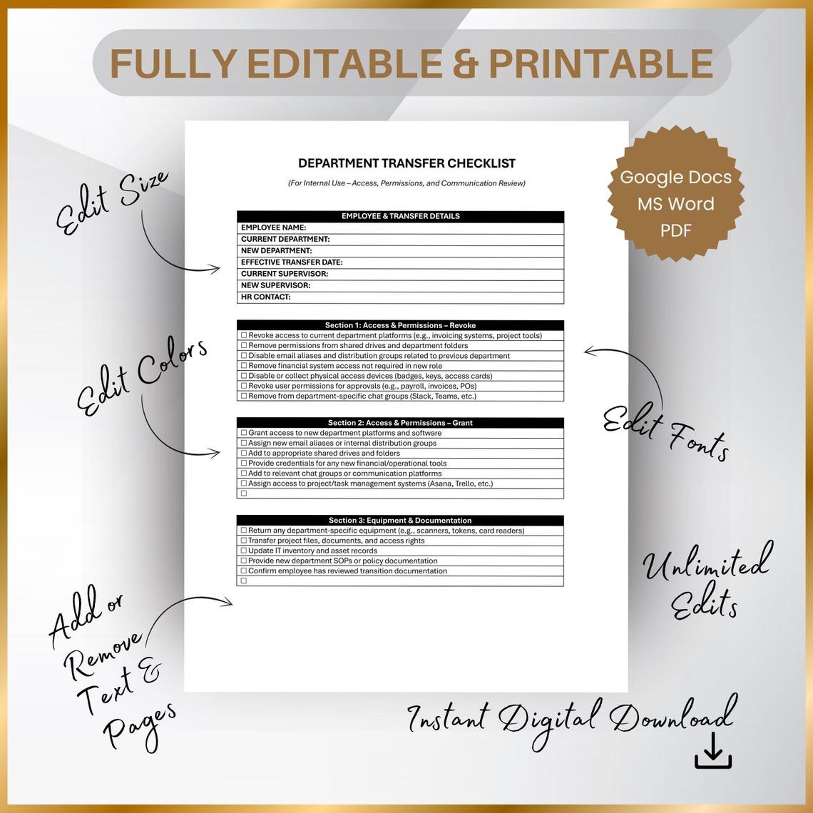 Department Transfer Checklist: HR Employee Staff Transition Internal ...