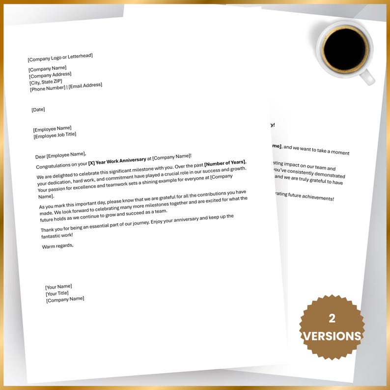 Work Anniversary Letter Template | Employee Appreciation Email | HR ...