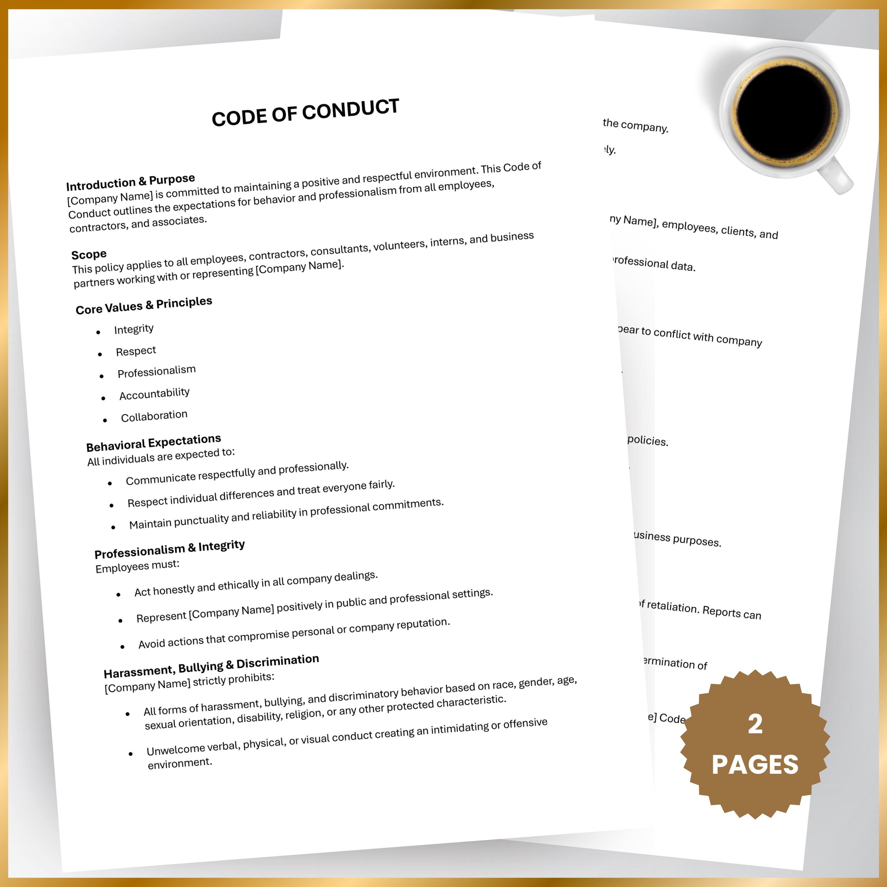 Employee Code of Conduct Template | Workplace Behavior Policy | Staff Handbook | HR Management ...
