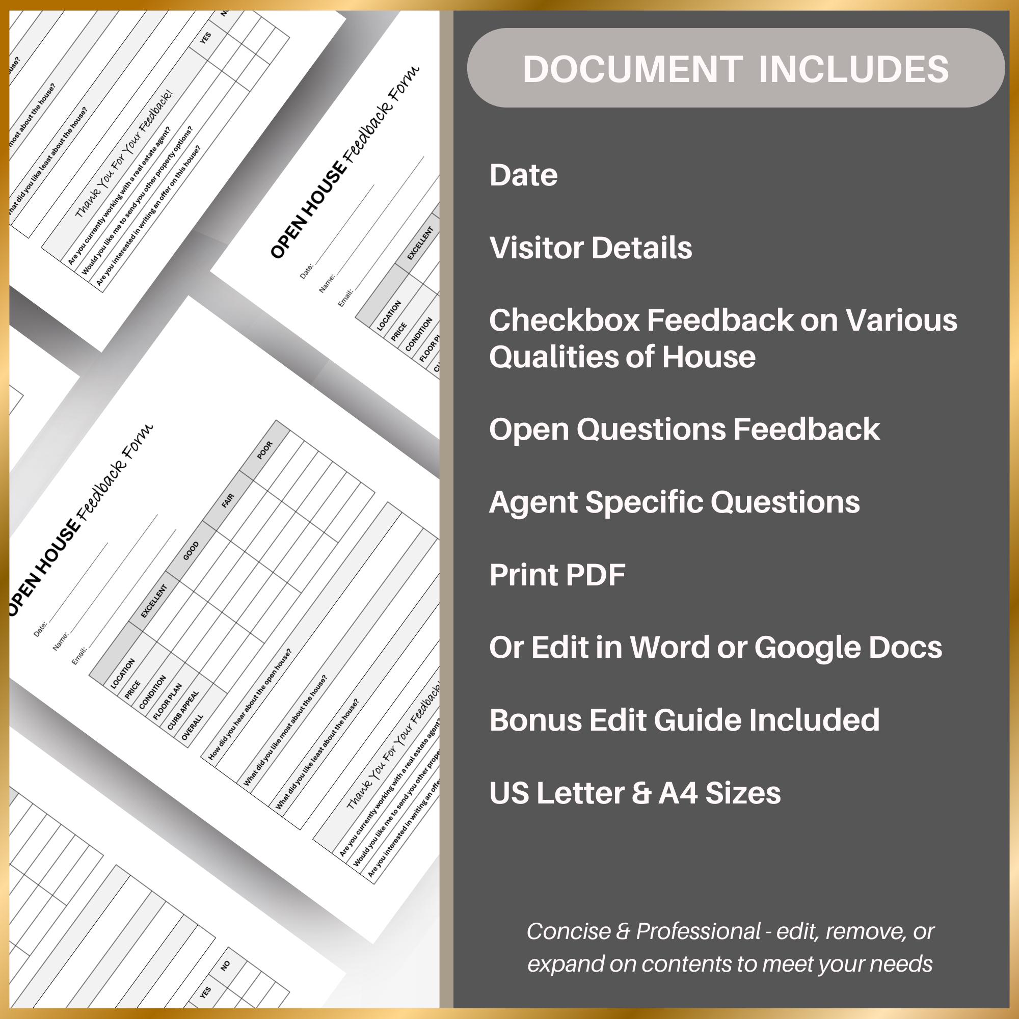 Open House Feedback Form: Editable Realtor Survey (printable PDF, Word ...