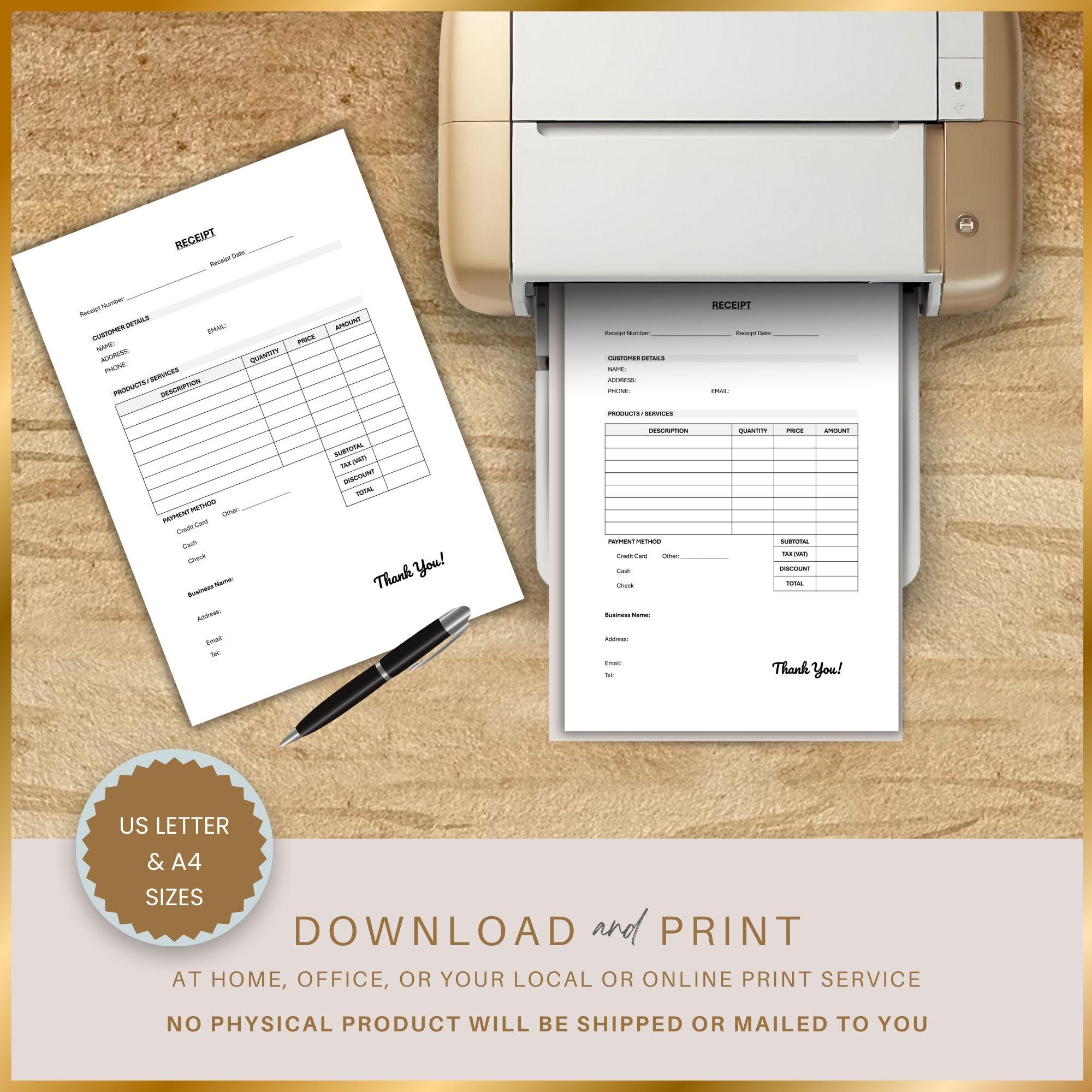 Receipt Template, Printable Business Receipt PDF, Invoice Receipt Form ...
