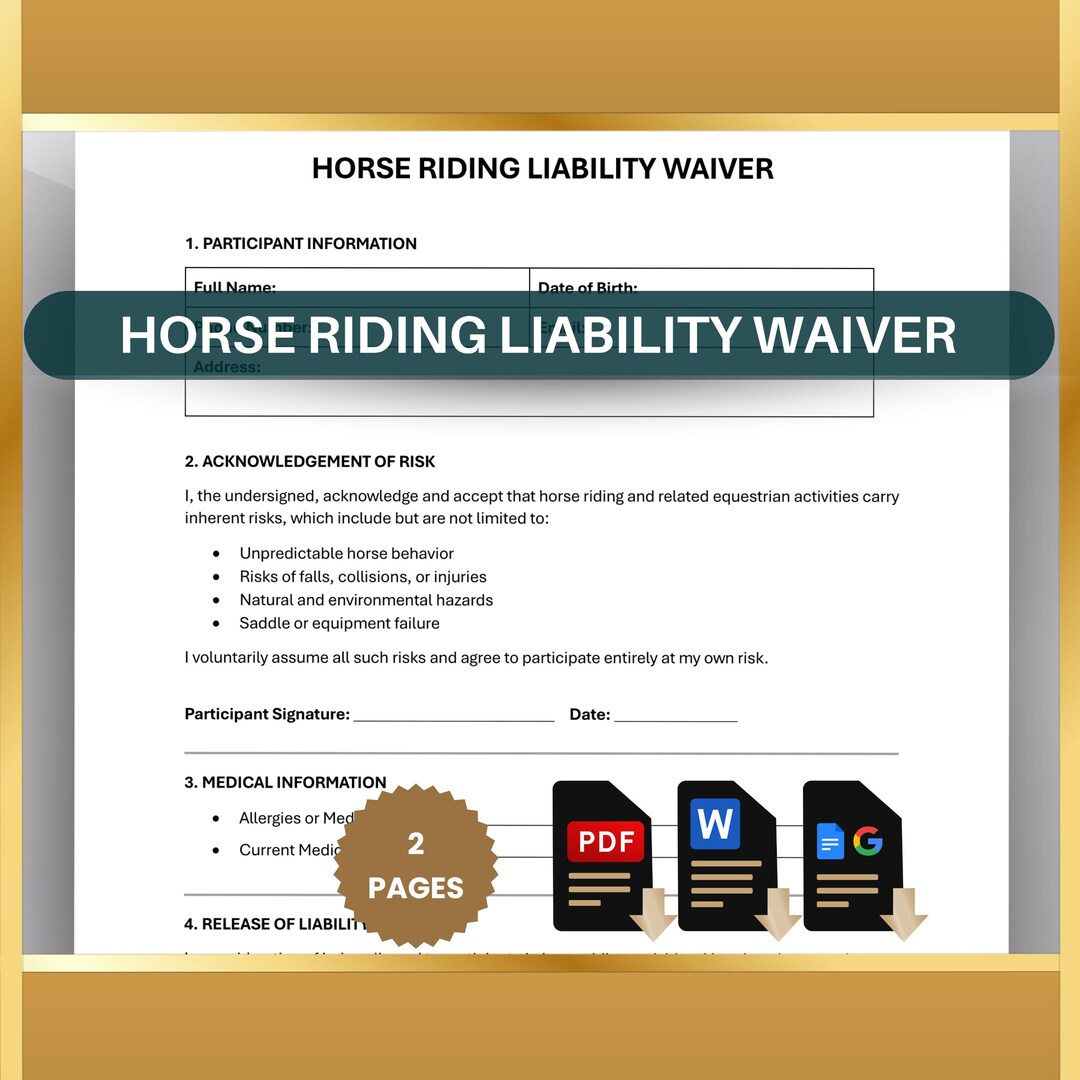 Horse Riding Liability Waiver: Equine Release Consent Form (printable ...