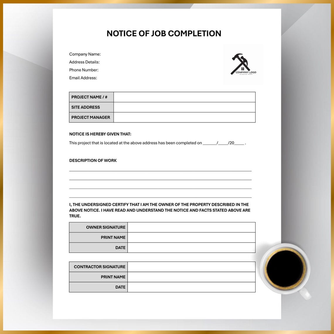 Notice of Job Completion, Construction Completion Form, Editable ...