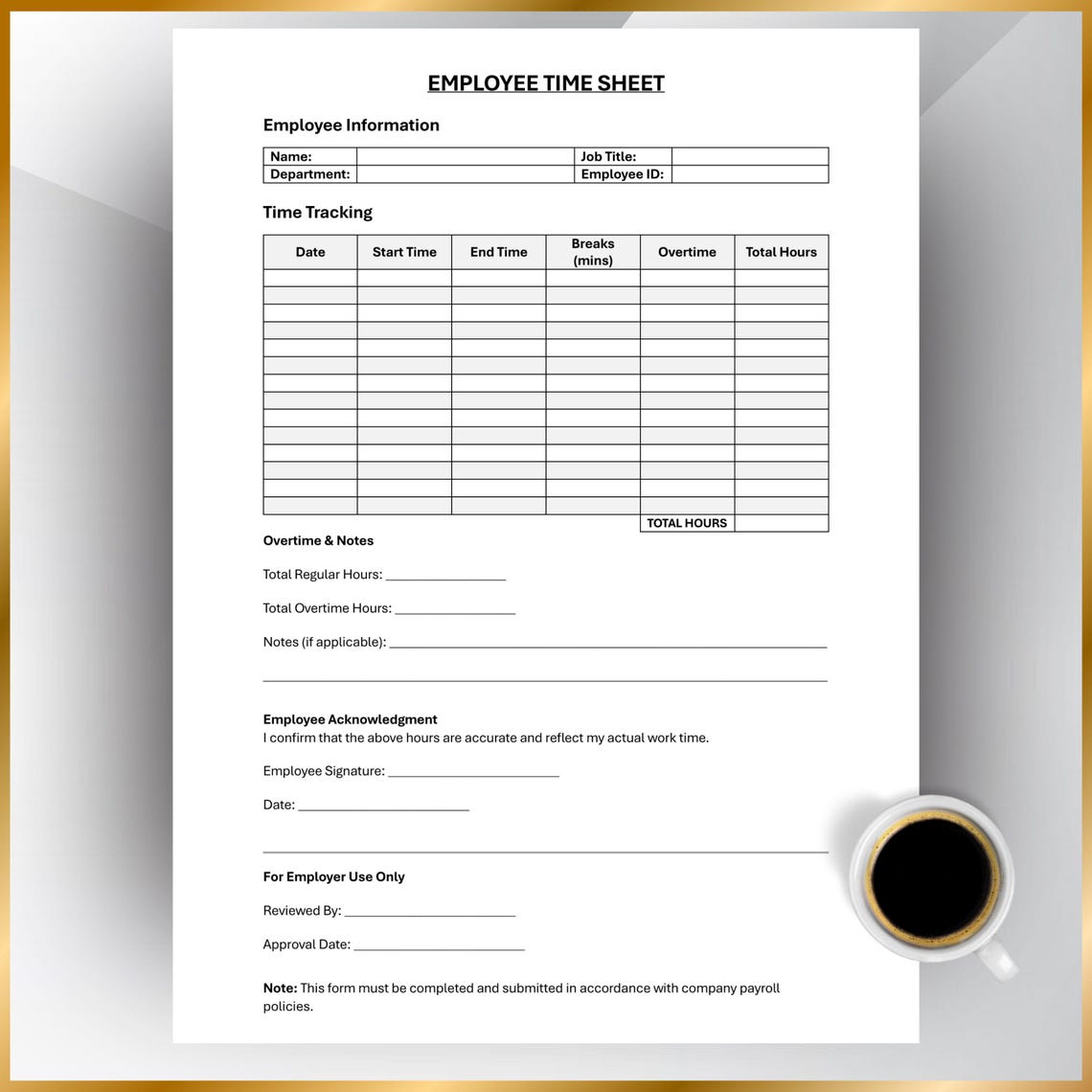 Employee Time Sheet Template: Work Hours Attendance & Absence Log ...
