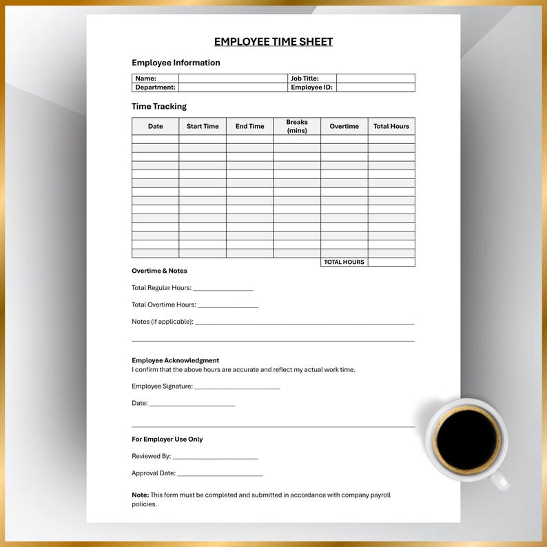 Employee Time Sheet Template: Work Hours Attendance & Absence Log ...