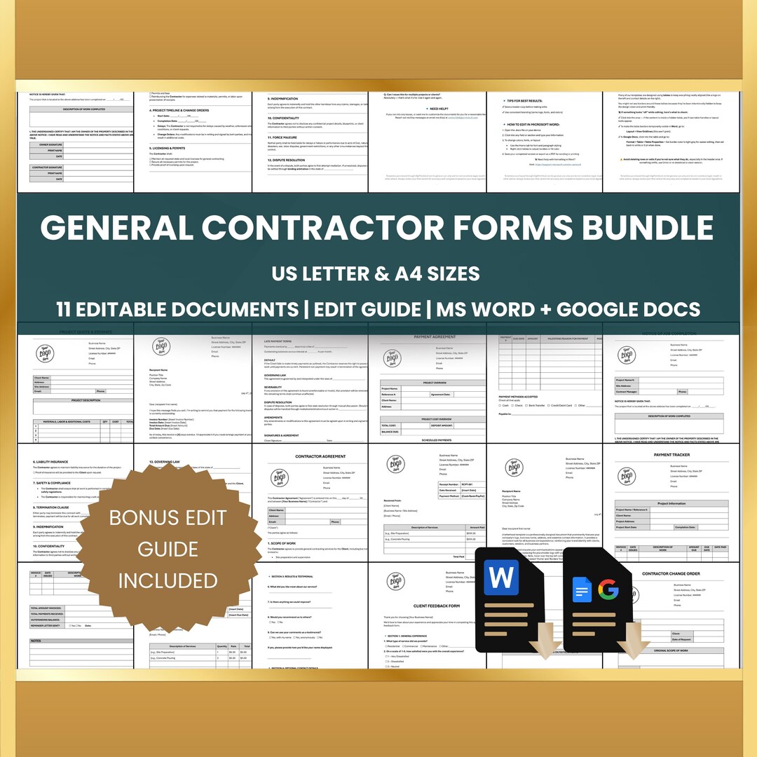 General Contractor Forms Bundle: Collection of Paperwork Templates for ...