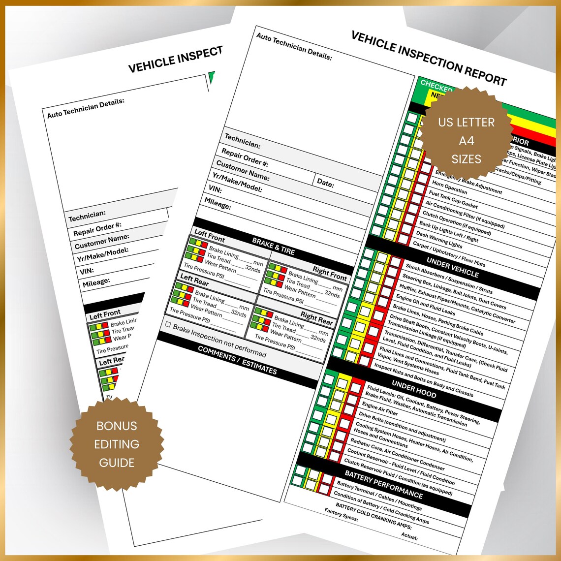 Vehicle Inspection Report, Auto Repair Checklist, Mechanic Inspection ...