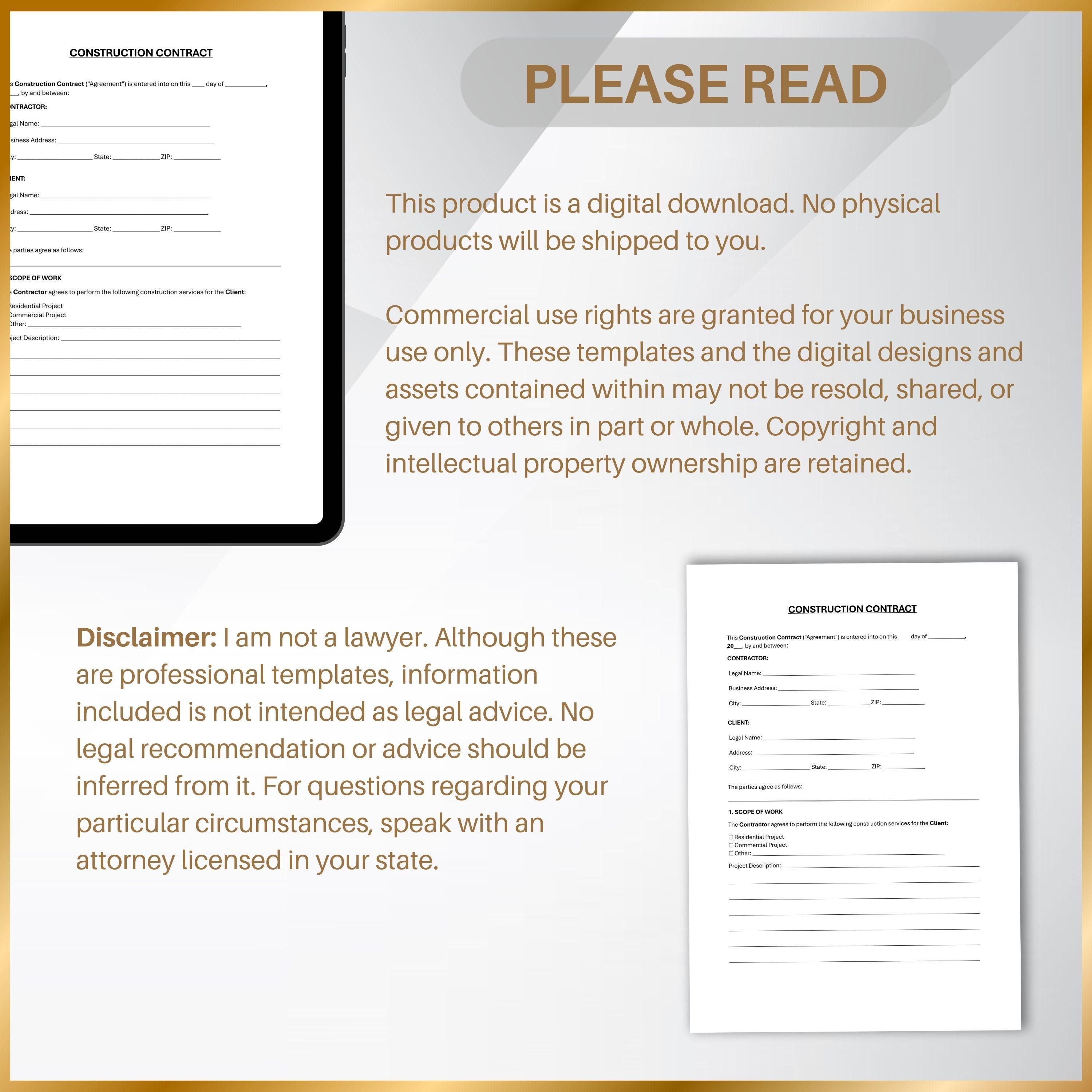 Construction Contract Agreement, Contractor Template. Residential ...
