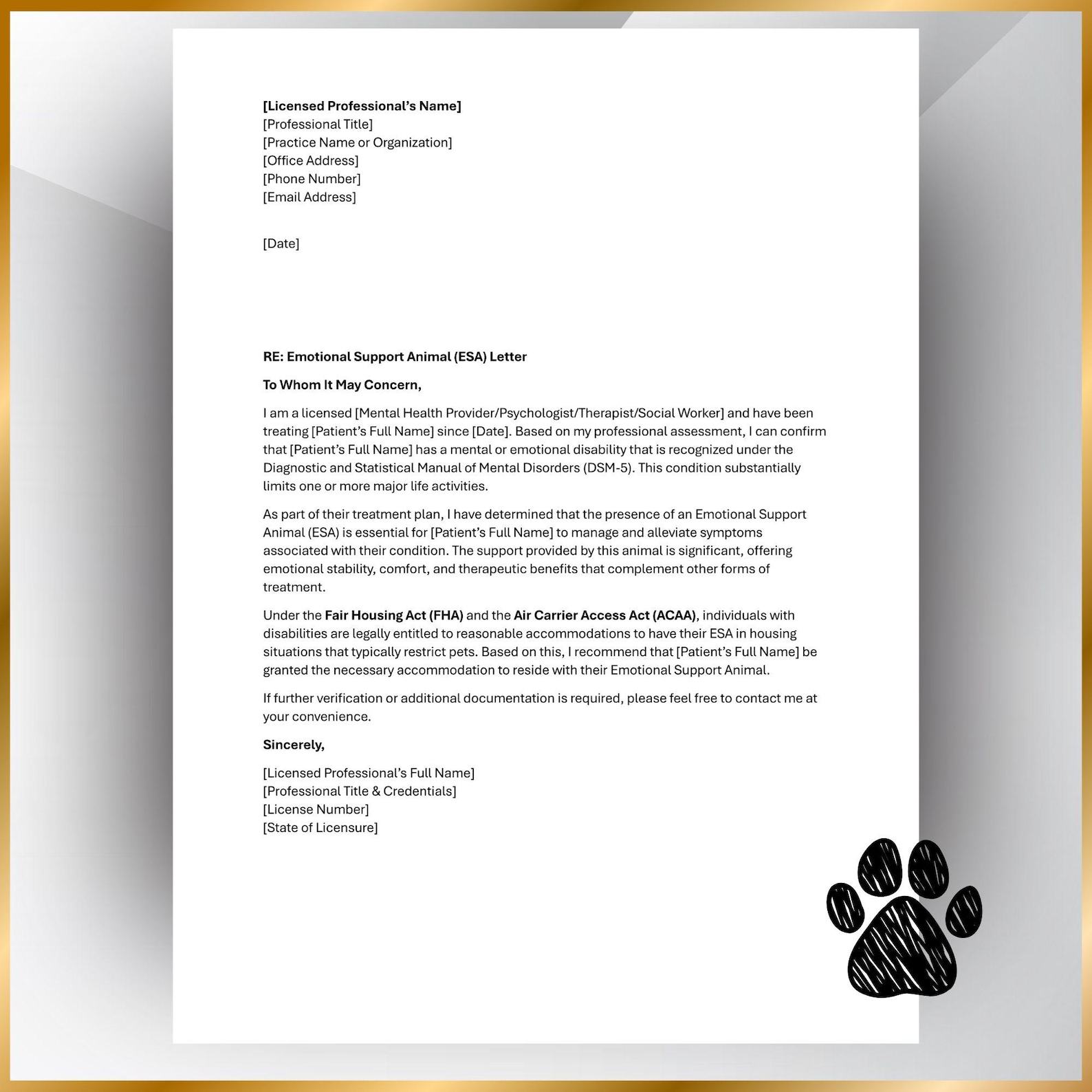 Emotional Support Animal Letter, ESA Housing & Travel Accommodation ...