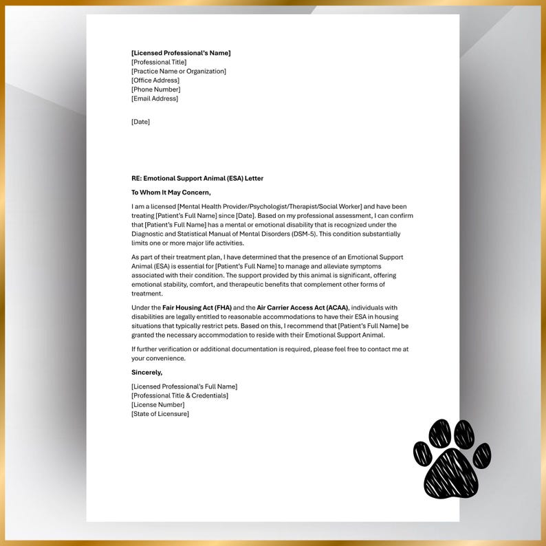 Emotional Support Animal Letter, ESA Housing & Travel Accommodation Template, Companion Pet ...