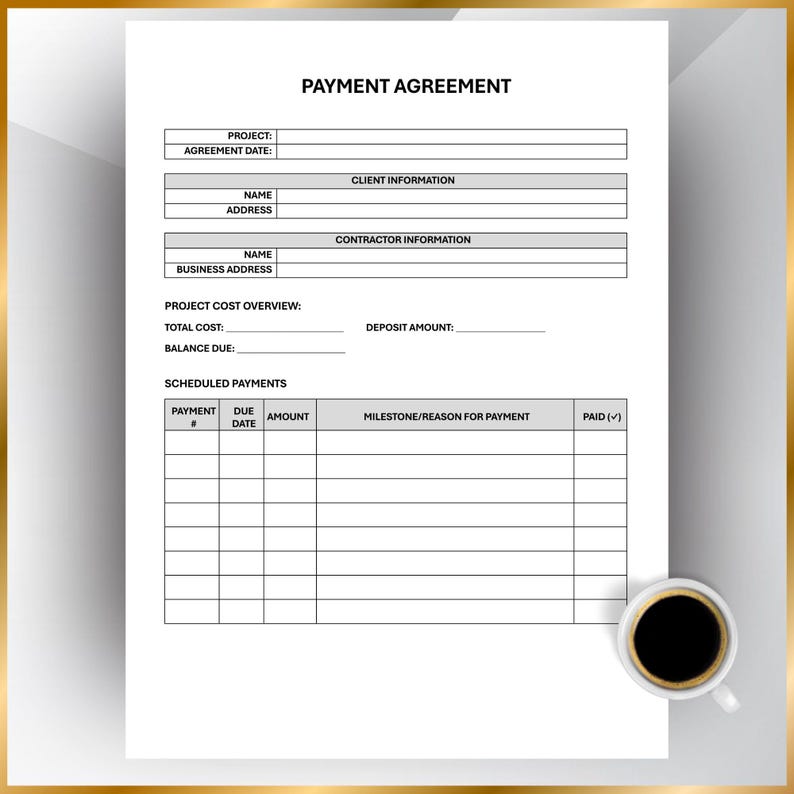 Payment Agreement, Contractor Agreement to Pay, Work Contract Template ...