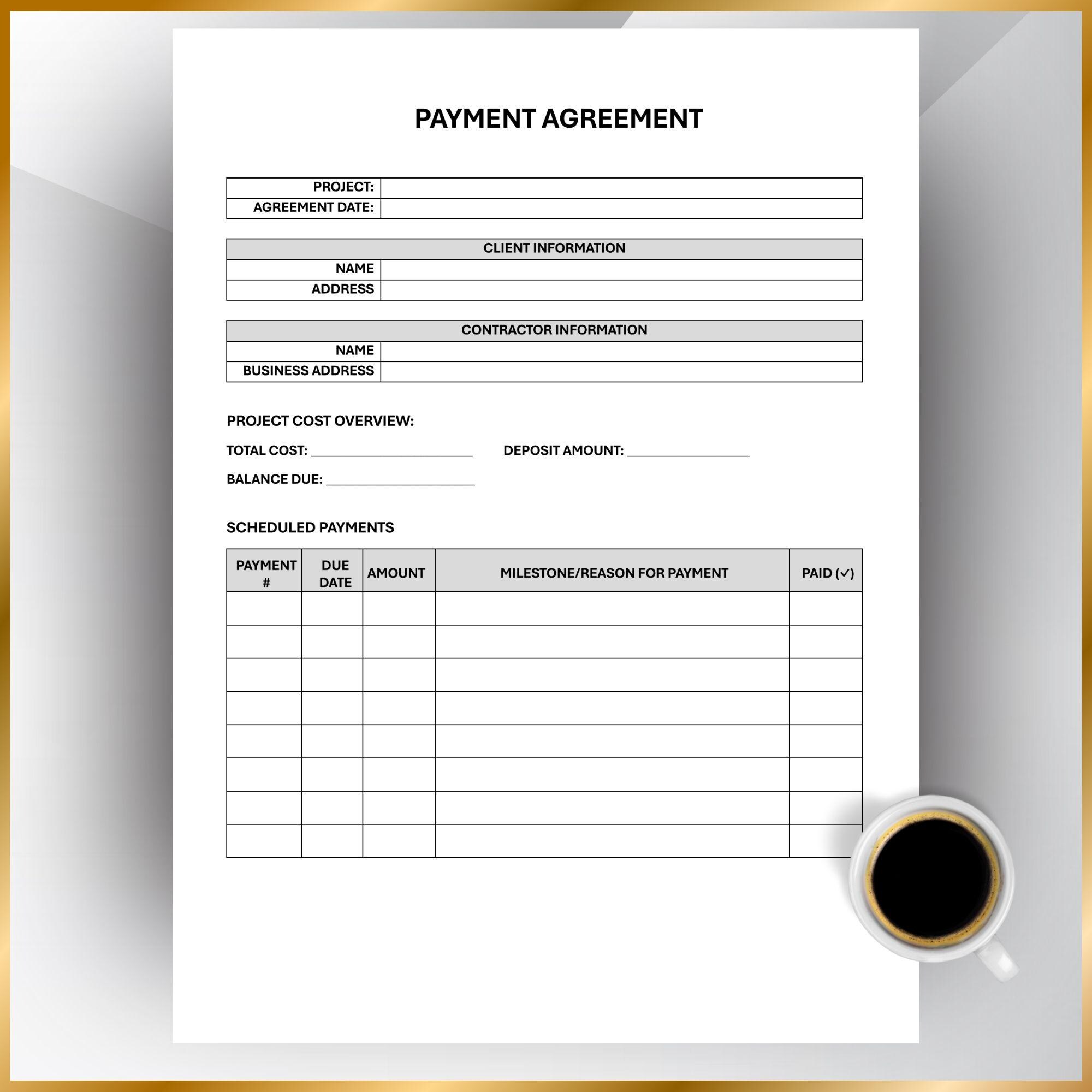 Payment Agreement, Contractor Agreement to Pay, Work Contract Template ...