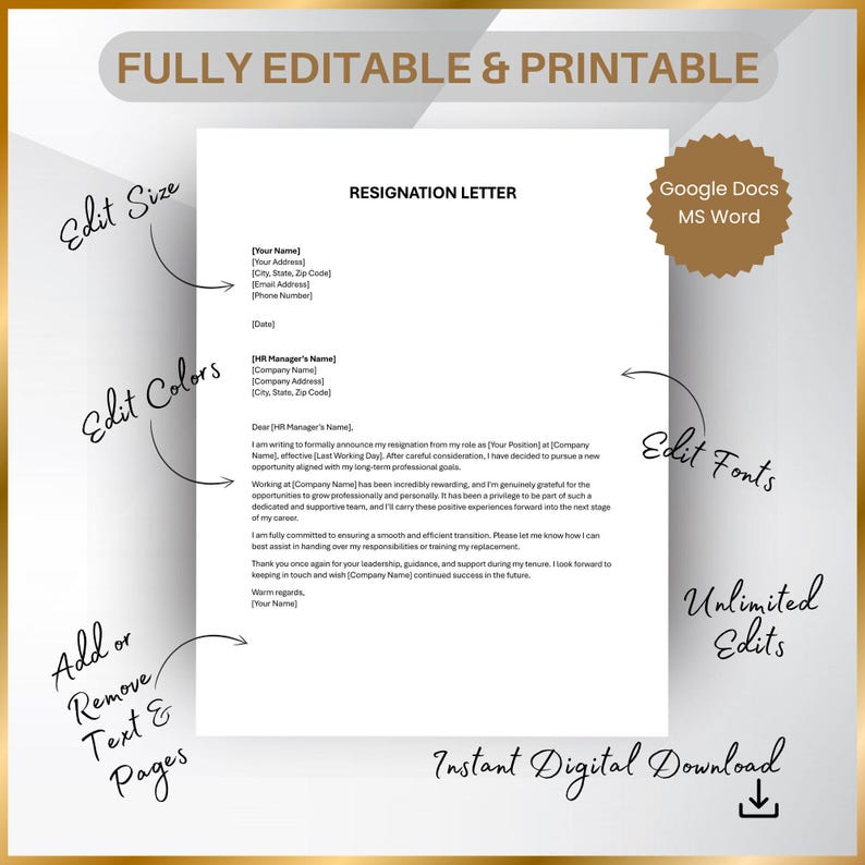 Professional Resignation Letter Template: Editable Google Docs & Word ...