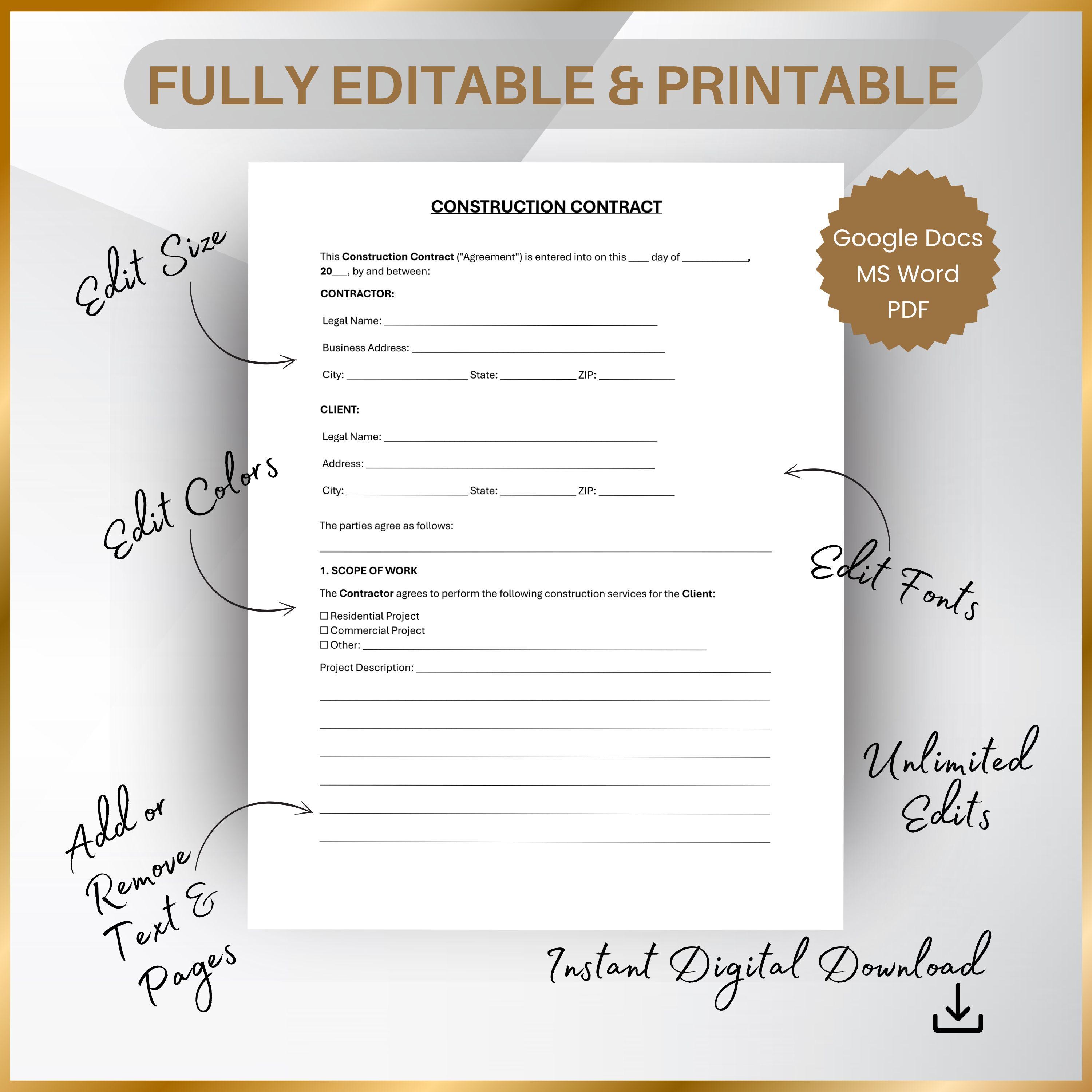 Construction Contract Agreement, Contractor Template. Residential ...