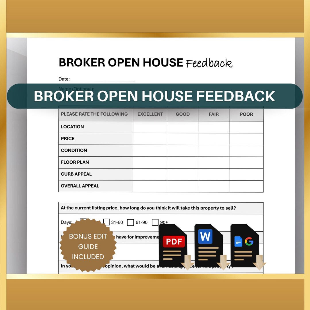 Broker Open House Feedback Form: Real Estate Agent Survey for Home ...