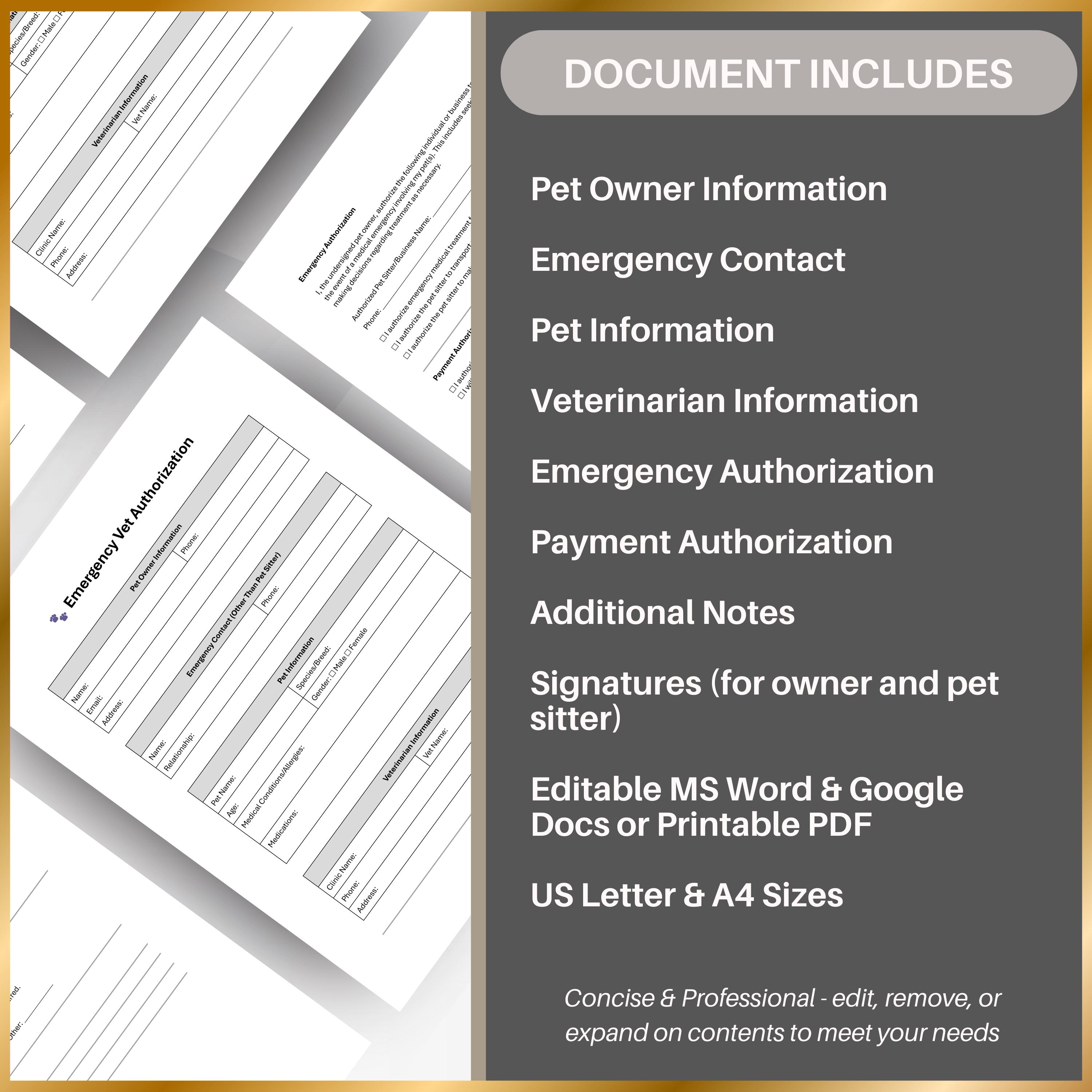 Emergency Vet Authorization Form: Pet Sitter Template (PDF & Word) - Etsy