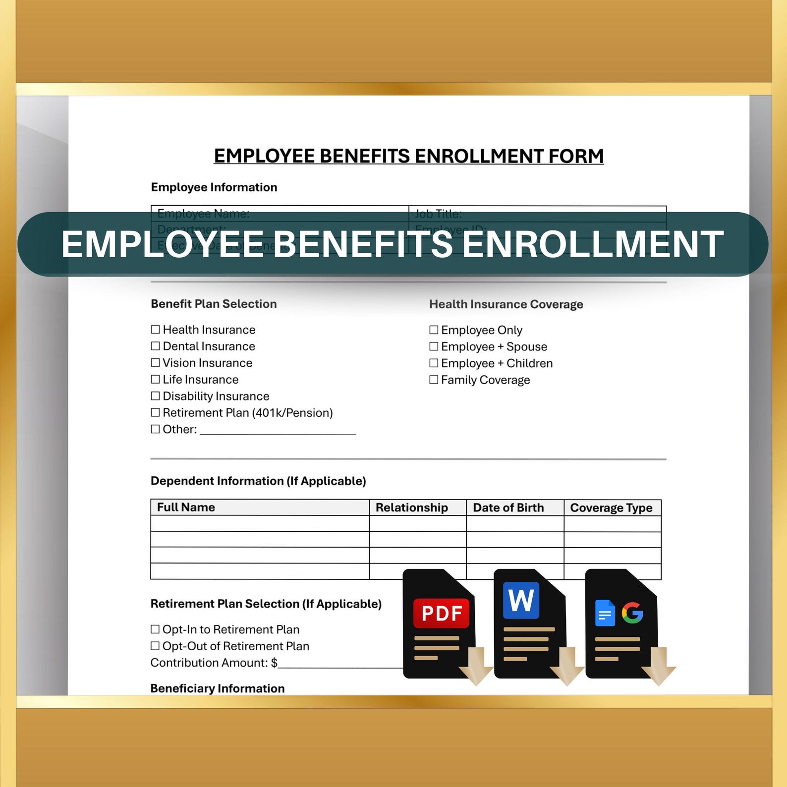 Employee Benefits Enrollment Form Template (word, PDF, Google Docs) - Etsy