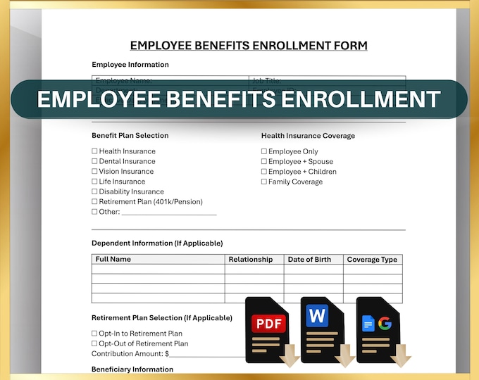 Employee Benefits Enrollment Form Template, Workplace Health Plan Tracker (printable PDF ...