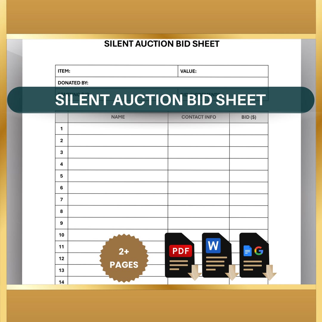 Silent Auction Bid Sheet Template, Bidding Form Record (printable PDF ...