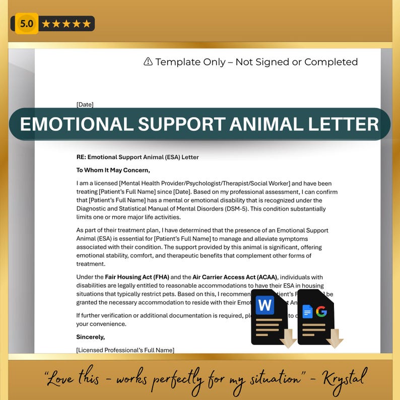 Emotional Support Animal Letter, ESA Housing & Travel Accommodation ...