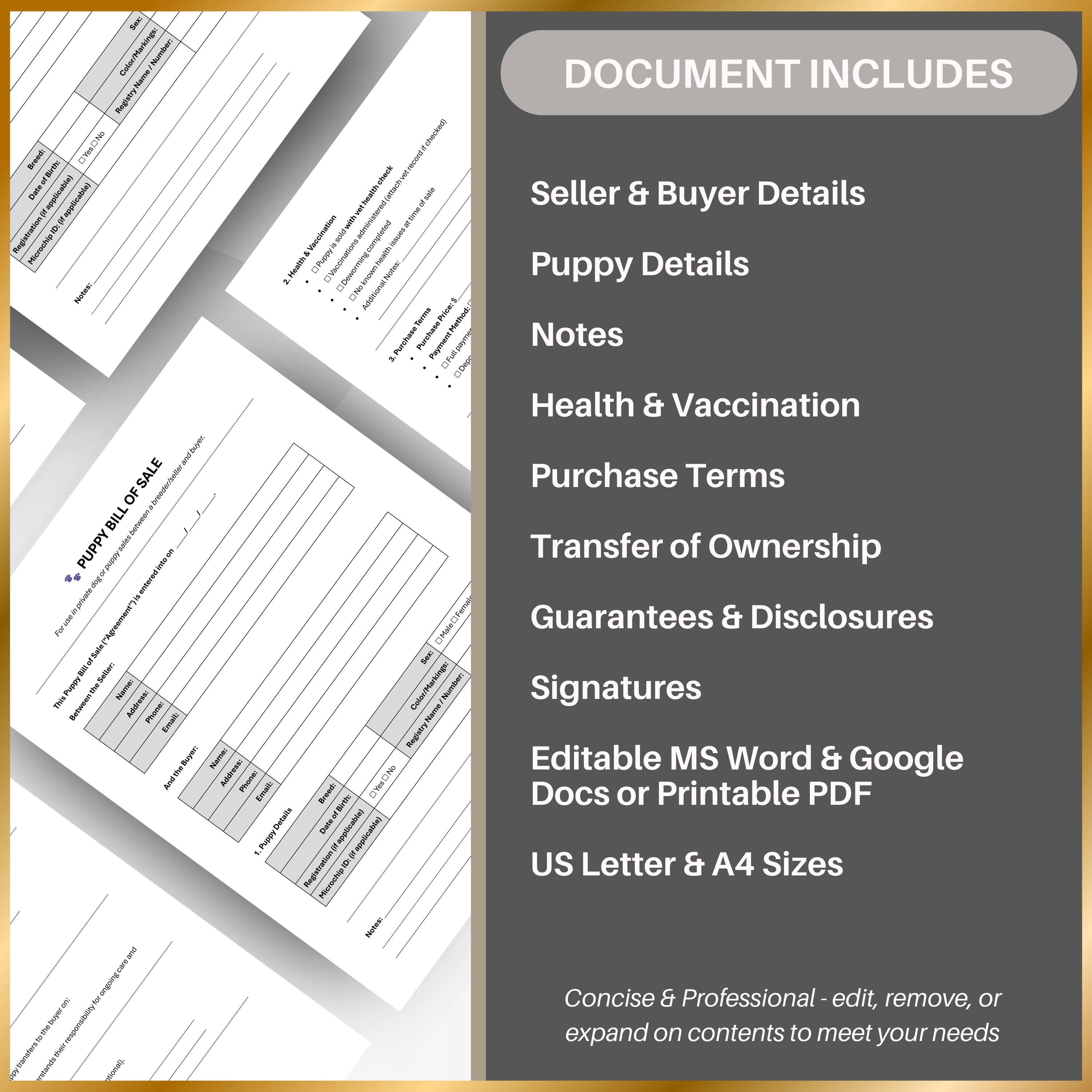 Puppy Bill of Sale | Dog Sale Agreement Template | Pet Purchase Contract | Breeder & Buyer Form ...