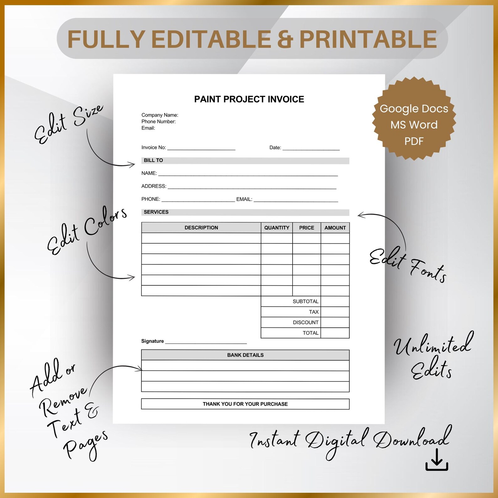 Paint Project Invoice Template: Painter Contractor Billing (printable ...