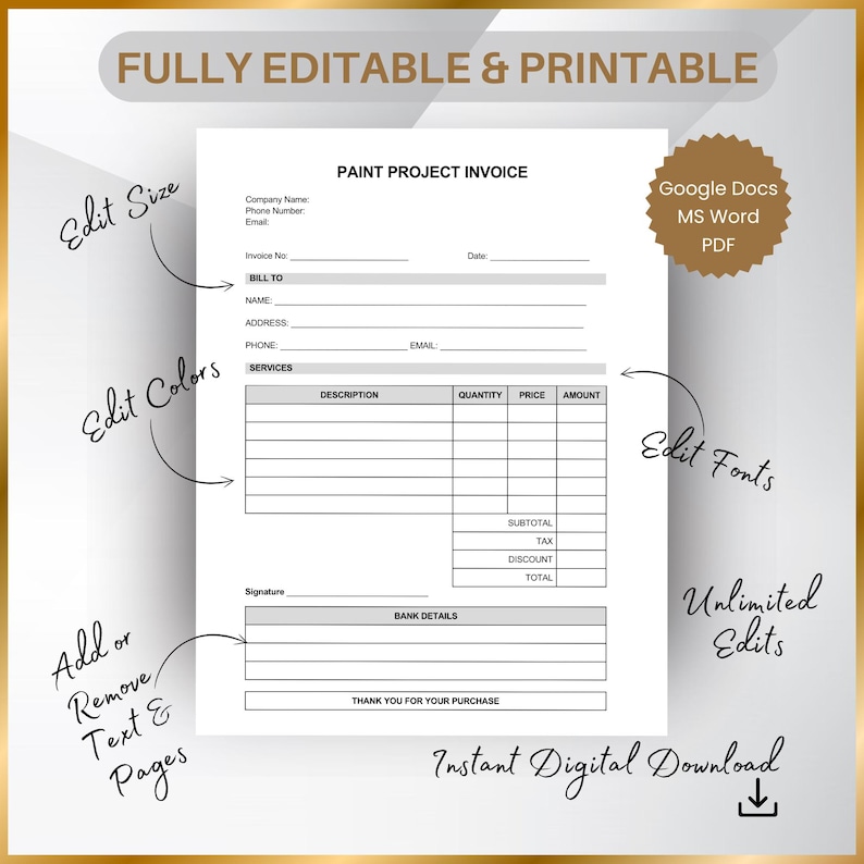 Paint Project Invoice Template: Painter Contractor Billing (printable ...