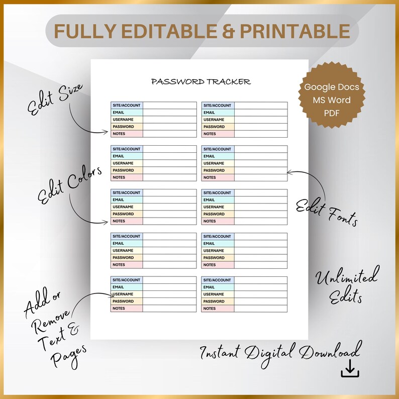 Printable Password Tracker Template: Editable Login Organizer (PDF ...
