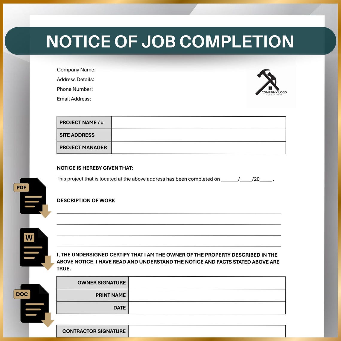 Notice of Job Completion, Construction Completion Form, Editable ...