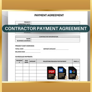 Payment Agreement, Contractor Agreement to Pay, Work Contract Template ...