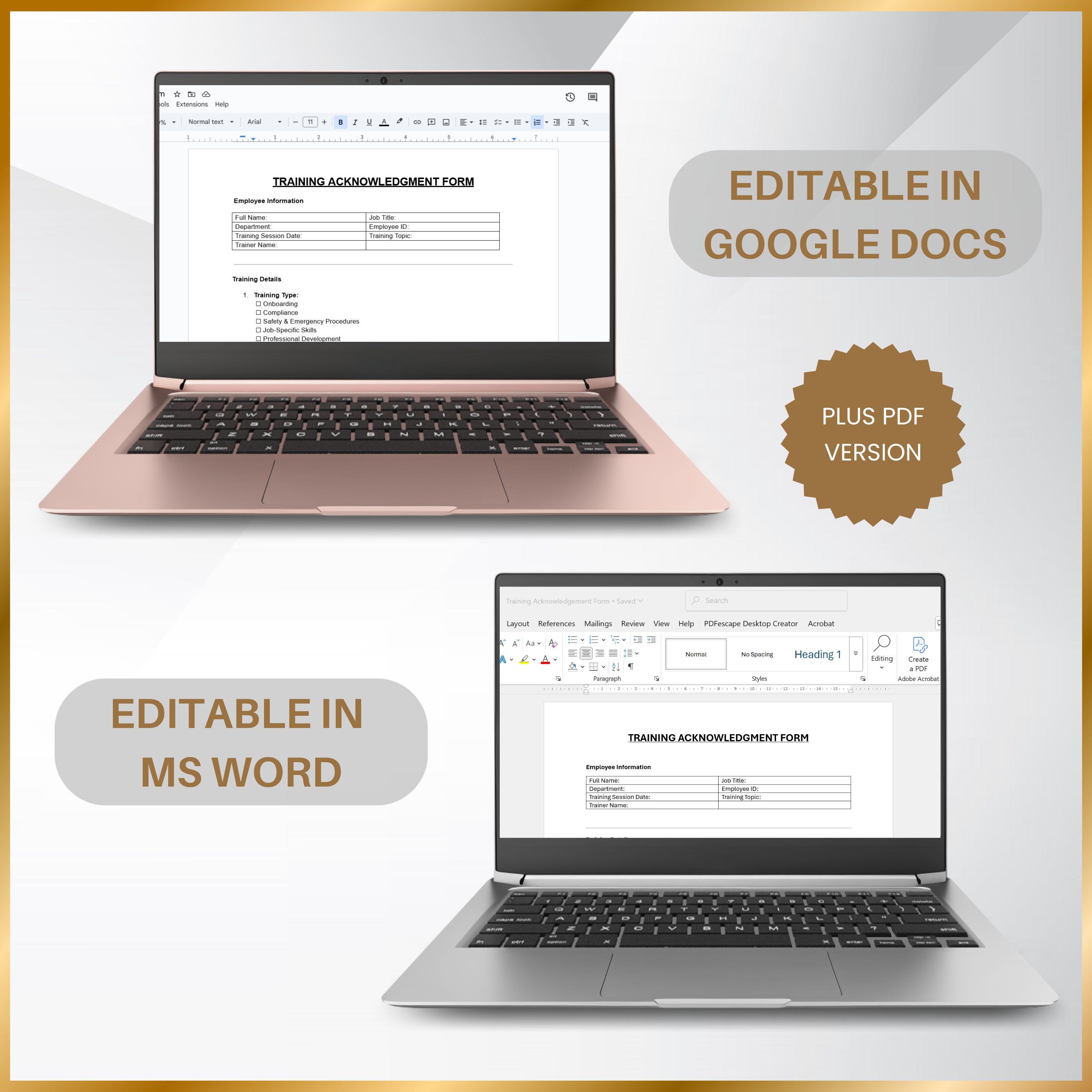 Training Acknowledgment Form, Employee Training Record, Compliance Sheet, Workplace Trainer Log ...